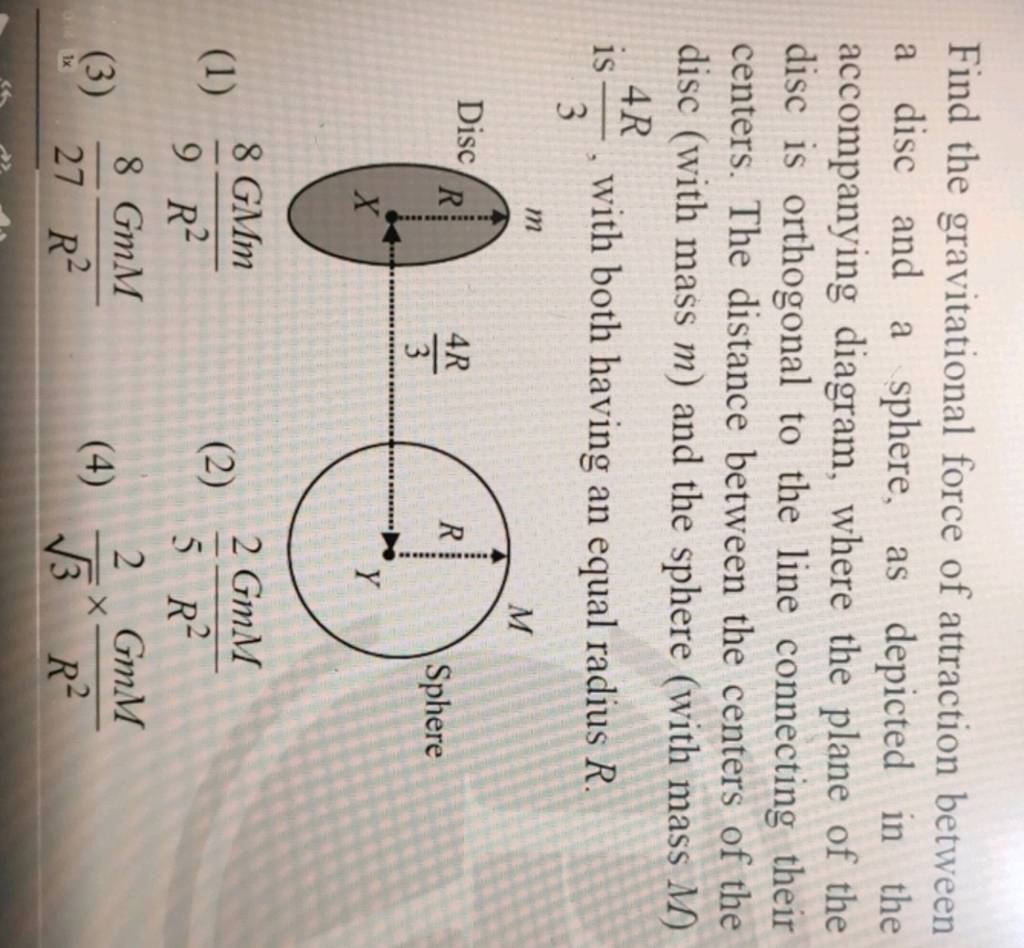 Find the gravitational force of attraction between a disc and a sphere, a..