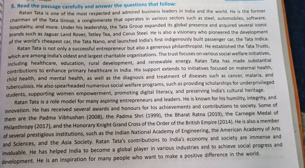 Read the passage carefully and answer the questions that follow: Ratan Ta..