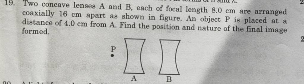 Two concave lenses A and B, each of focal length 8.0 cm are arranged coax..