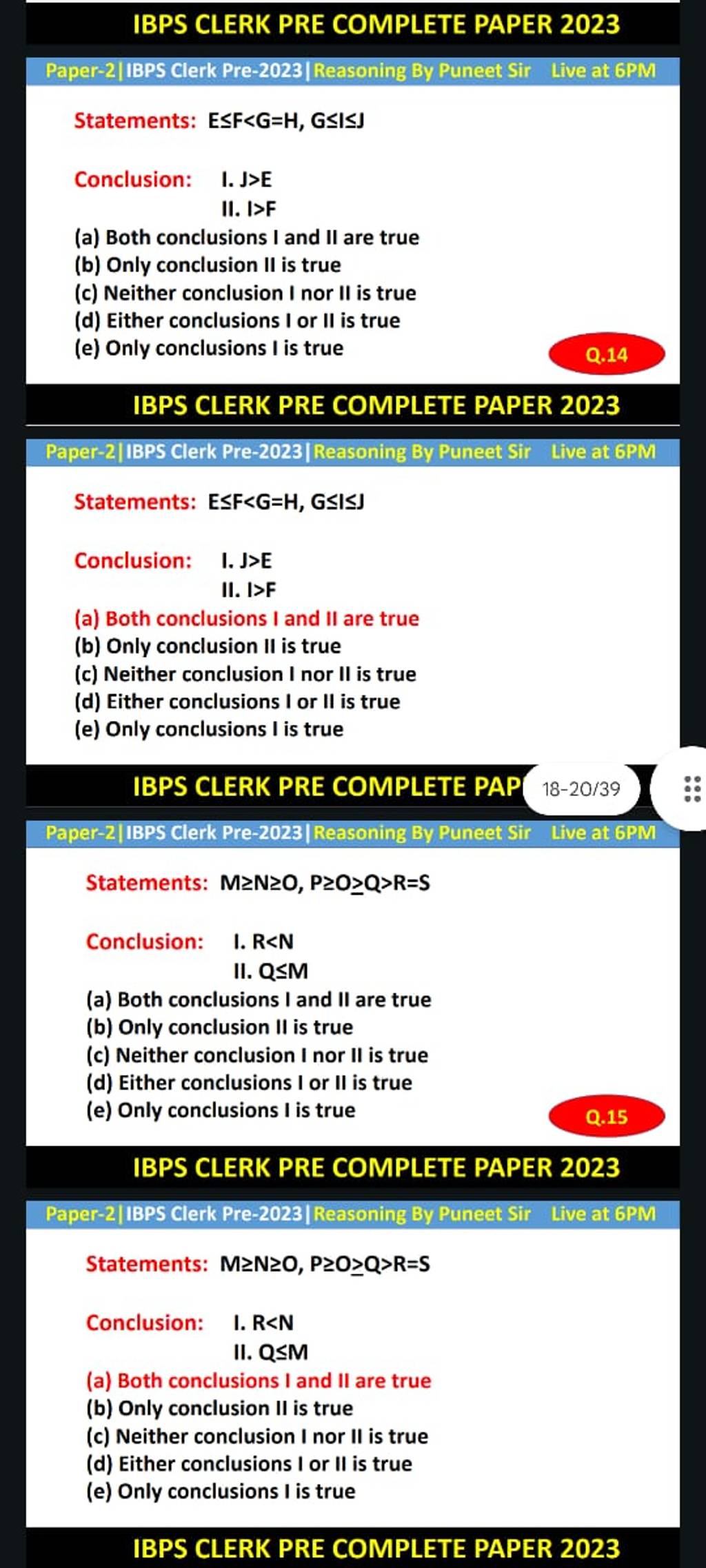 IBPS CLERK PRE COMPLETE PAP 18−20/39 Paper-2|IBPS Clerk Pre-2023|Reasonin..