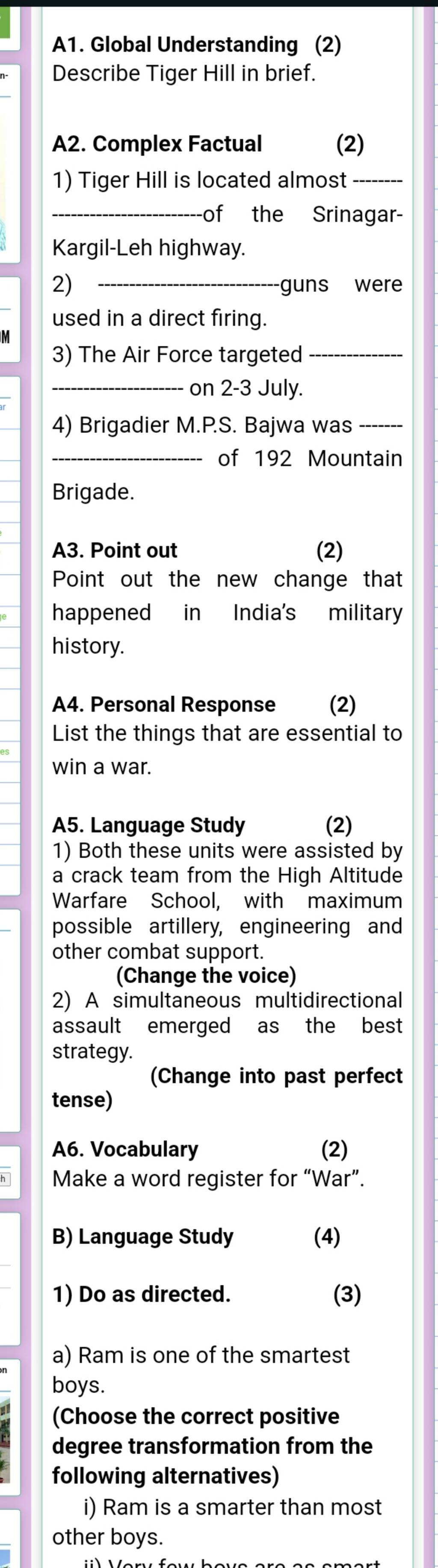 A1. Global Understanding (2) Describe Tiger Hill in brief. A2. Complex F..