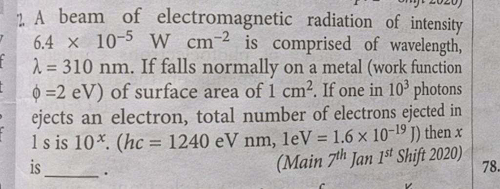 A beam of electromagnetic radiation of intensity 6.4×10−5 W cm−2 is c..
