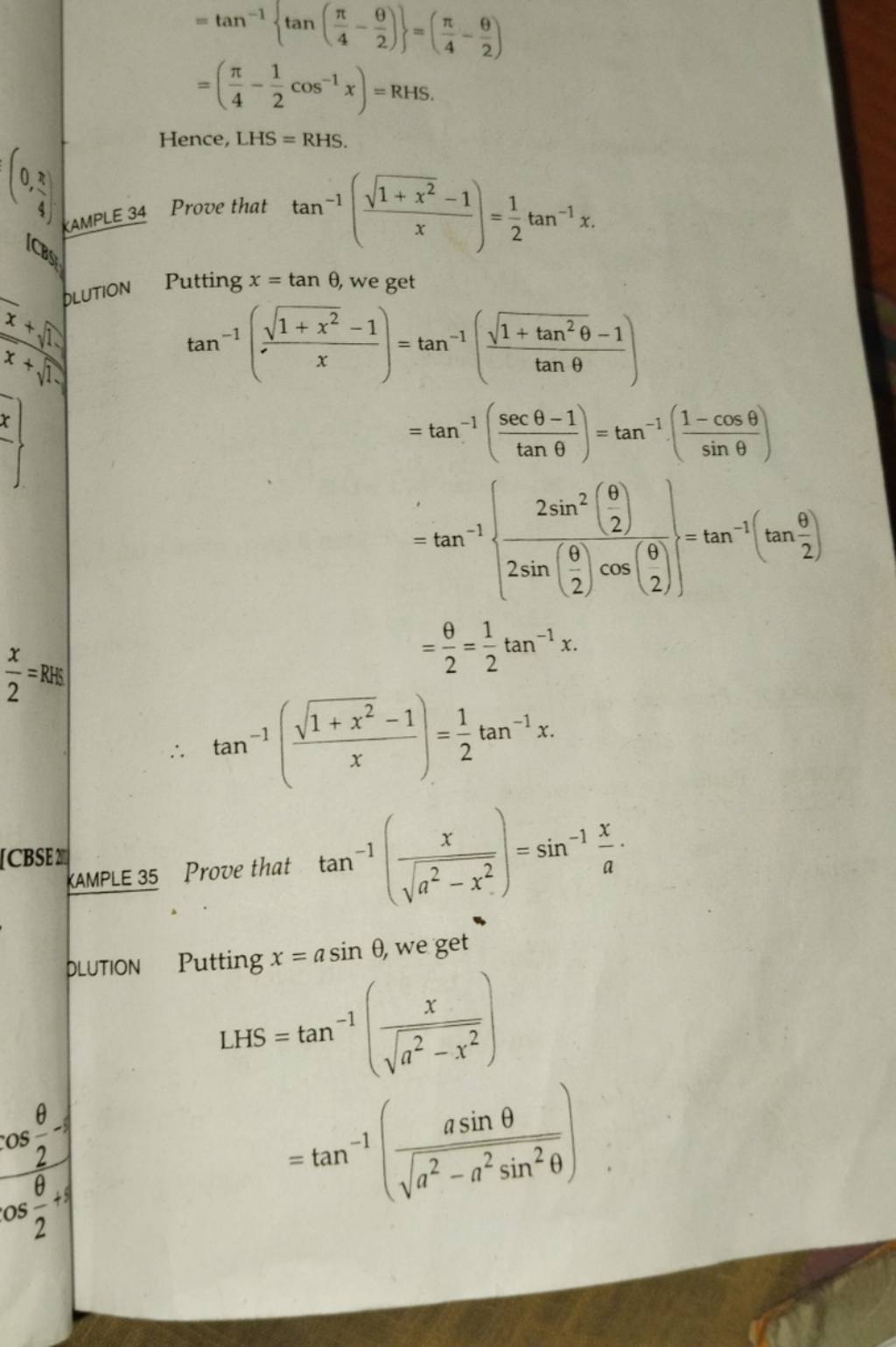 =tan−1{tan(4π −2θ )}=(4π −2θ )=(4π −21 cos−1x)= RHS . Hence, LHS = RHS