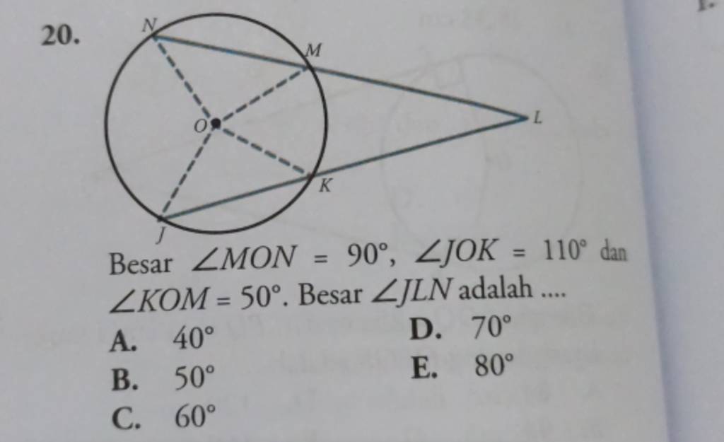 20.Besar ∠MON=90∘,∠JOK=110∘ dan ∠KOM=50∘. Besar ∠JLN adalah ....A. 40∘..