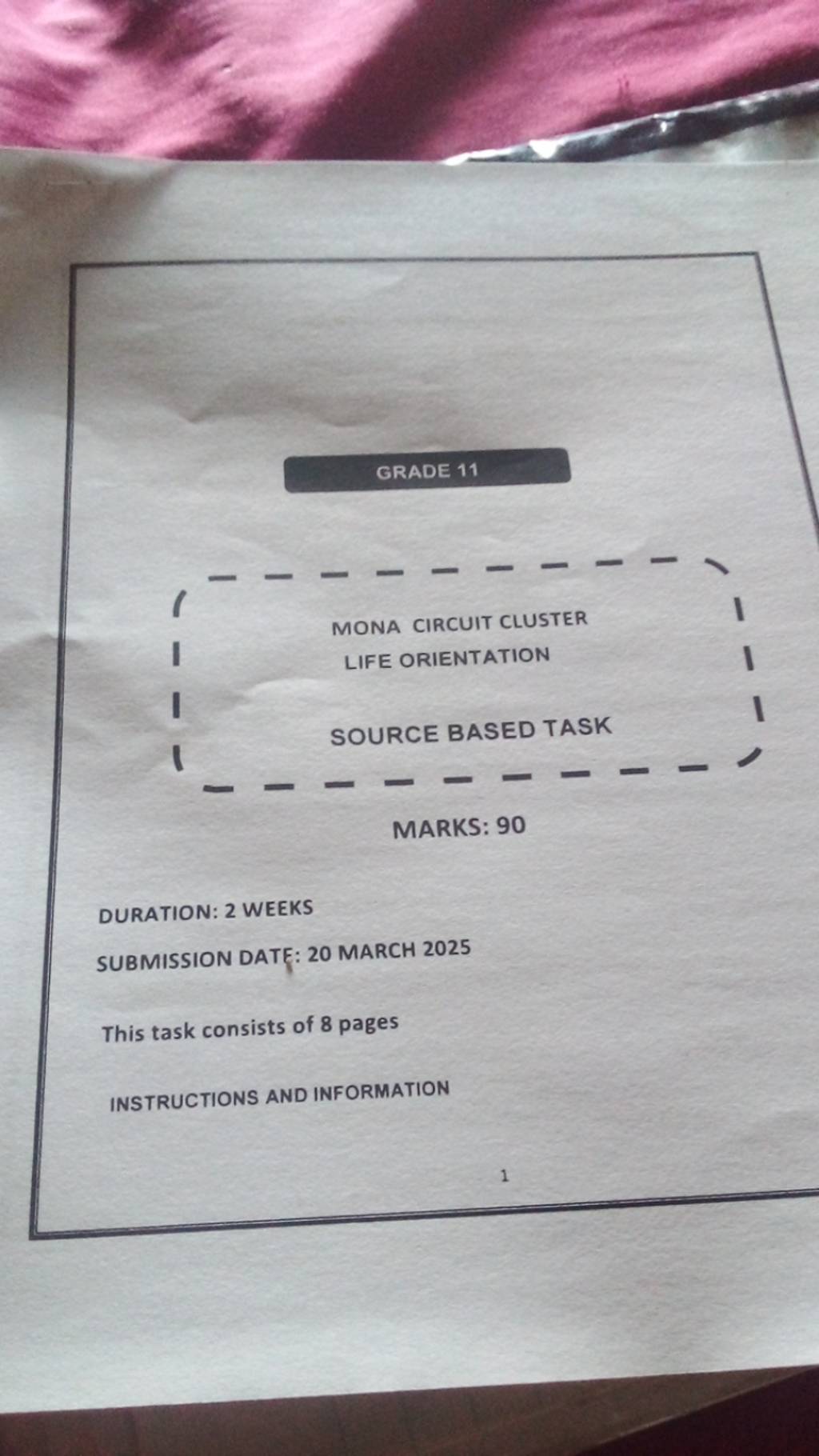 GRADE 11 MONA CIRCUIT CLUSTER LIFE ORIENTATION source based task MARKS:..