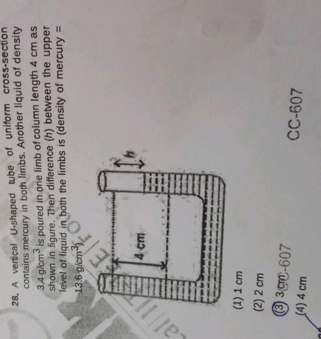 28. A vertical U-shaped tube of uniform cross-section contains mercury in..