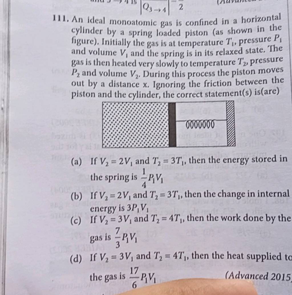An ideal monoatomic gas is confined in a horizontal cylinder by a spring