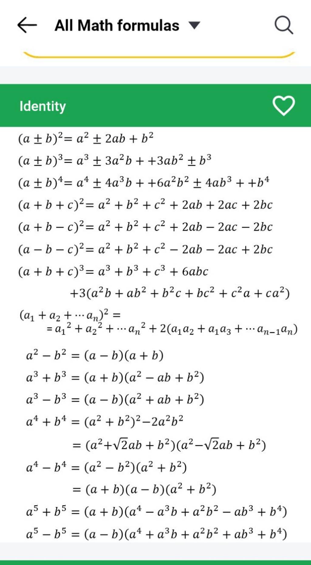 ← All Math formulasIdentity(a±b)2=a2±2ab+b2(a±b)3=a3±3a2b++3ab2±b3(a±b)..