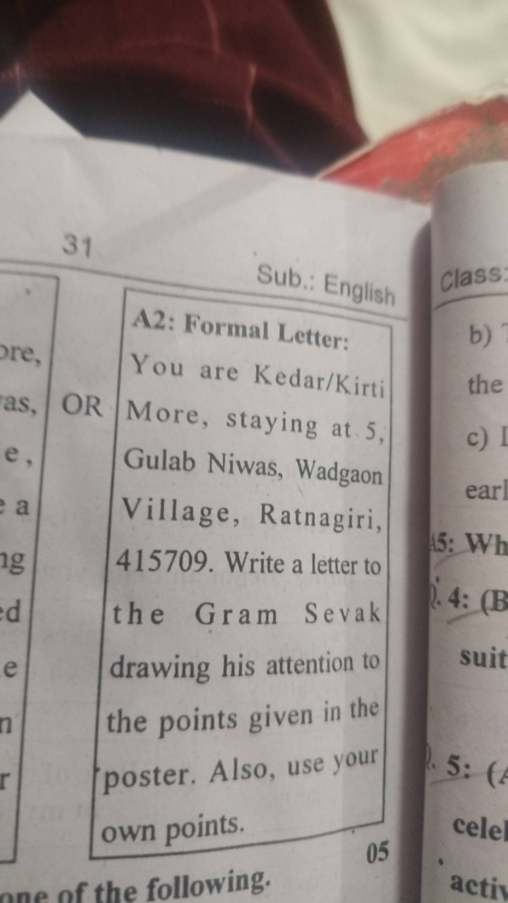 A2: Formal Letter: Sub.: English You are Kedar/Kirti More, staying at 5