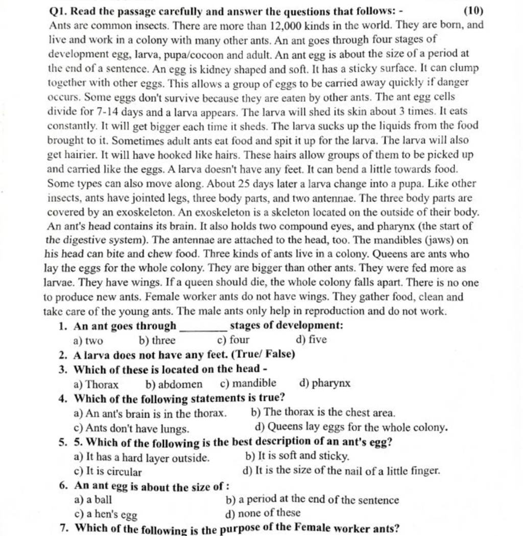 Q1. Read the passage carefully and answer the questions that follows: - A..