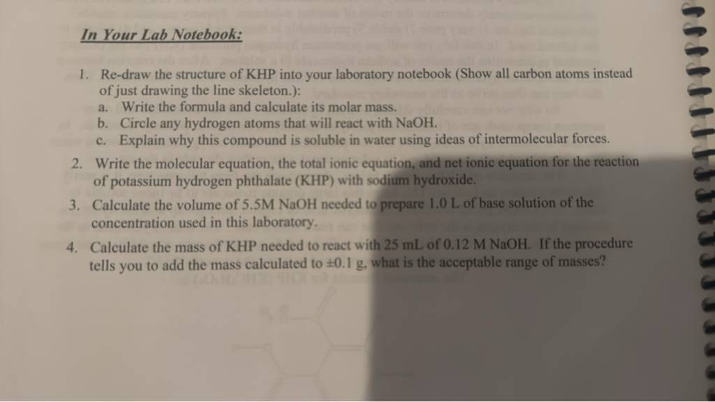 In Your Lab Notebook: Re-draw the structure of KHP into your laboratory n..