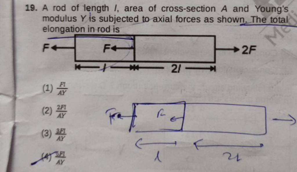 19. A rod of length I, area of cross-section A and Young's. modulus Y is