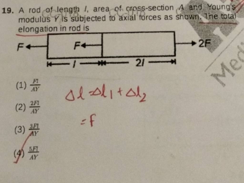 19. A rod of length I, area of cross-section A and Young's modulus's Y is..