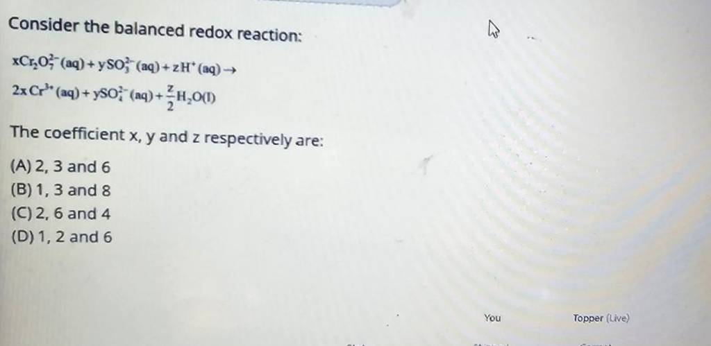 Consider the balanced redox reaction: \begin{array}{l} \mathrm{xCr}{2}