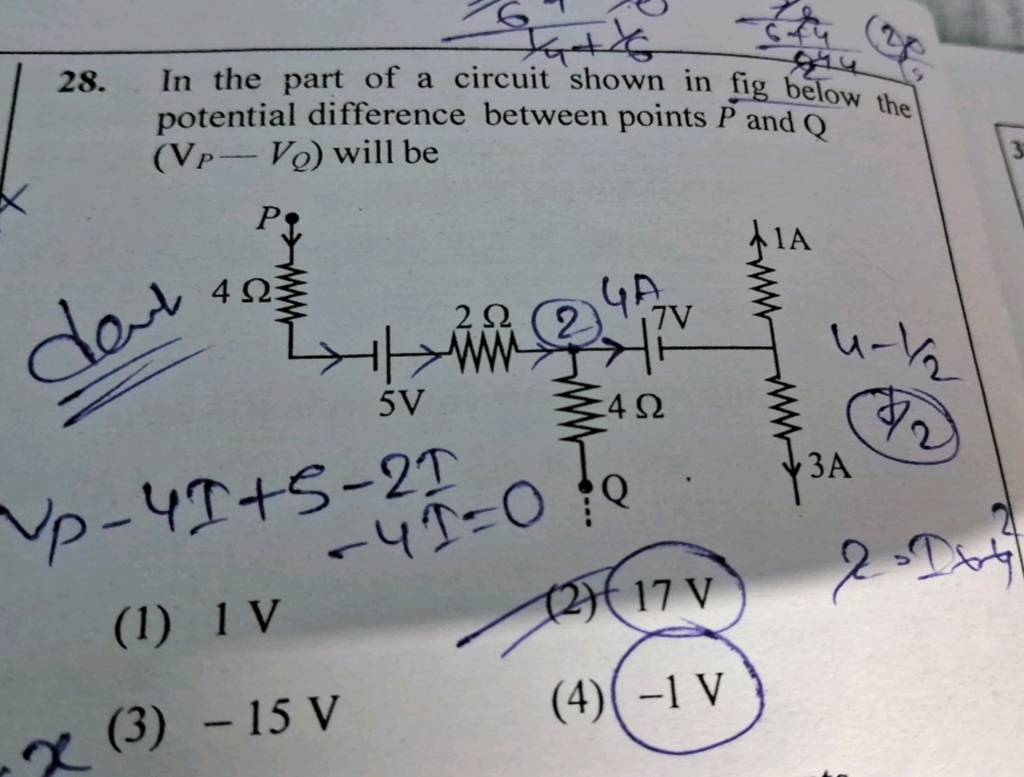 28. In the part of a circuit shown in fig below the potential difference