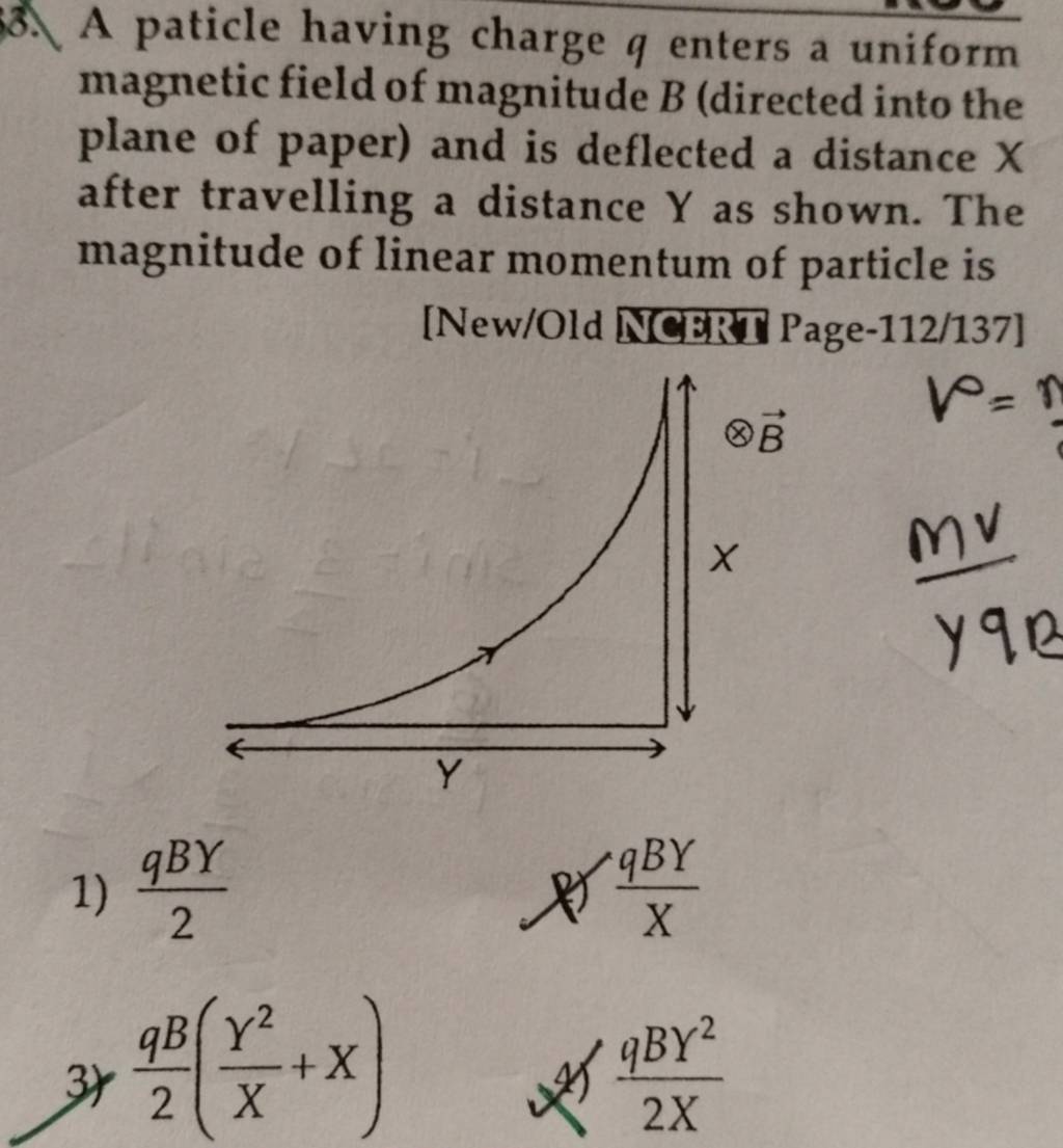 A paticle having charge q enters a uniform magnetic field of magnitude B