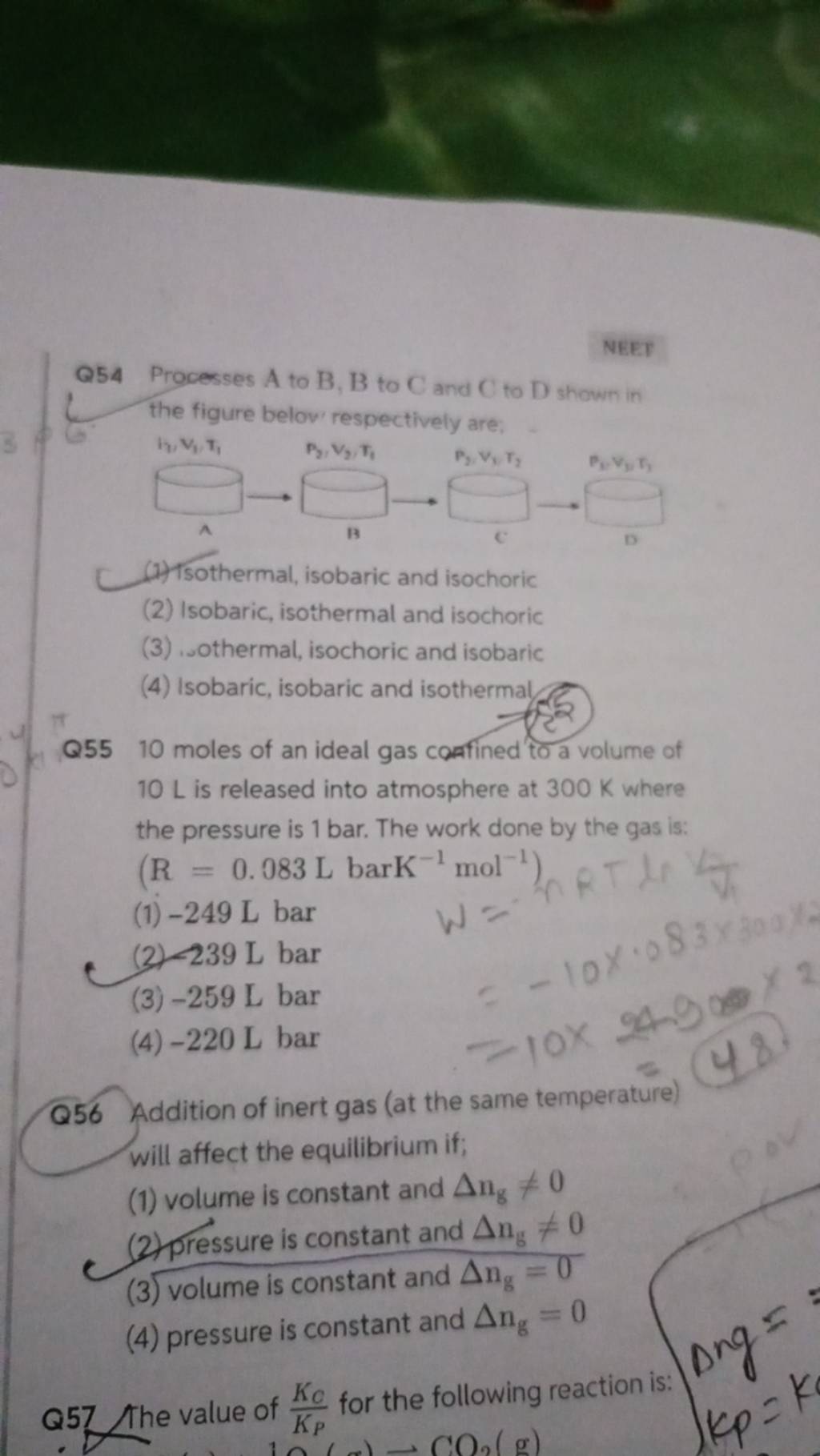 NEET Q54 Processes A to B,B to C and C to D shownin the figure below resp..