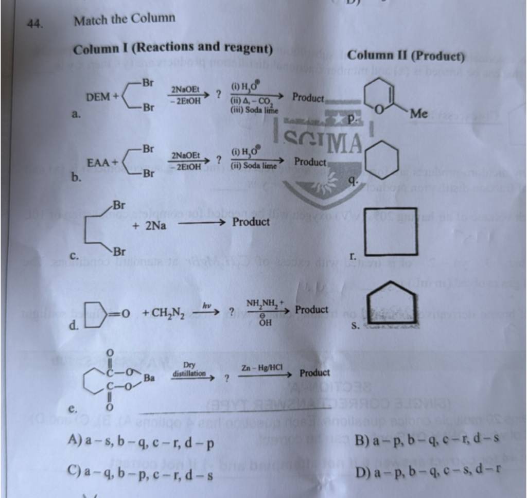 Match the Column Column I (Reactions and reagent) Column II (Product) a.
