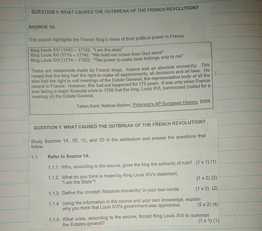 QUESTION 1: WHAT CAUSED THE OUTBREAK OF THE FRENCH REVOLUTION?SOURCE 1A..