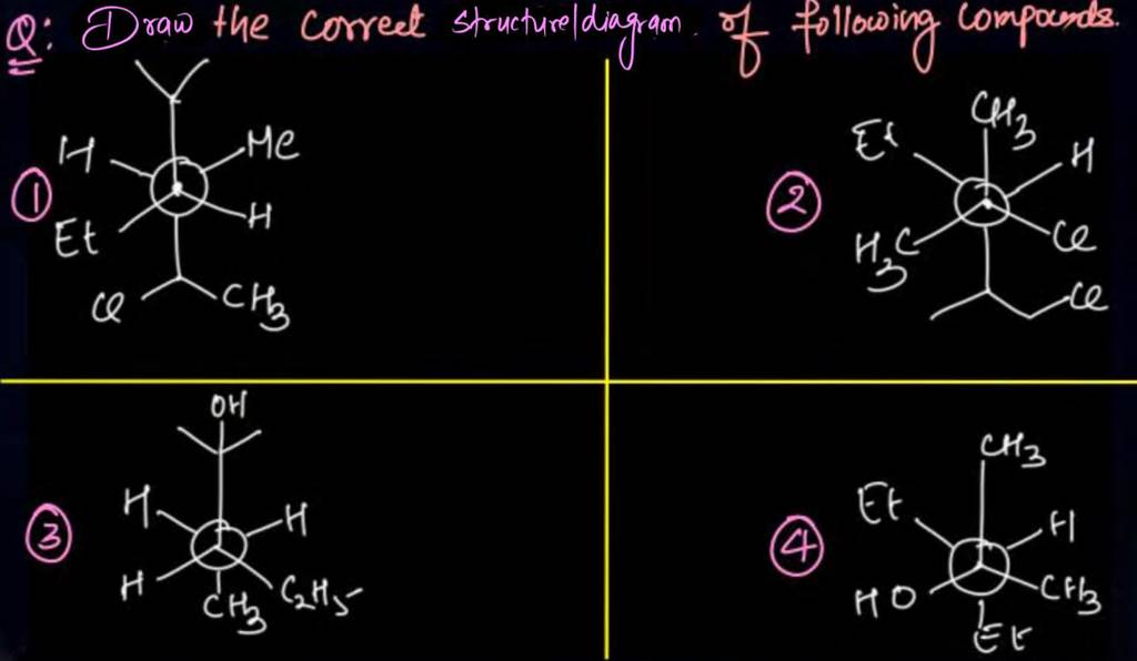 Q: Draw the correct structureldingram of following compounds. Н -ме Et се..