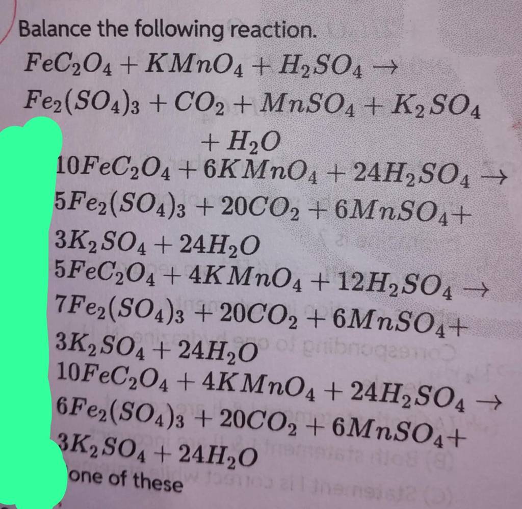 Balance the following reaction. FeC2O4 + KMnO4 + H2SO4 → Fe2(SO4)3 + CO2