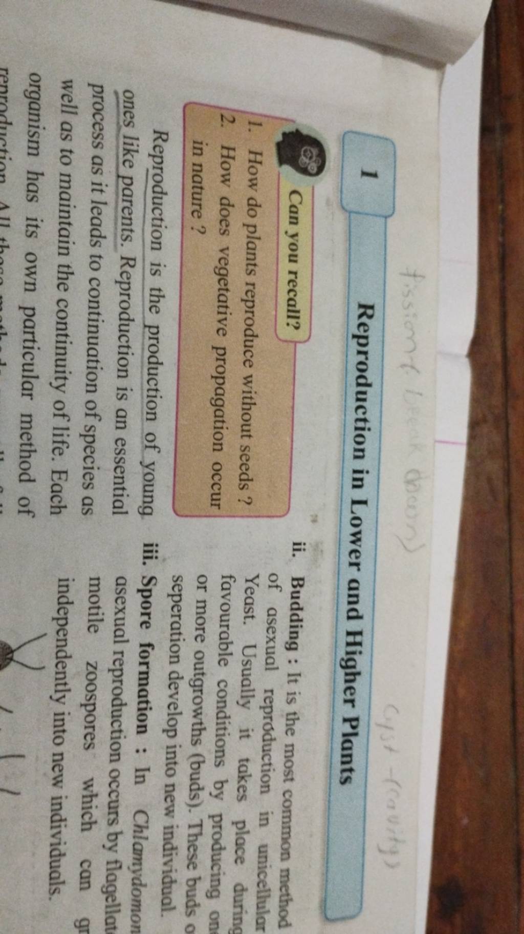 1 fission break bon) Cyst (Cavity) Reproduction in Lower and Higher Plant..