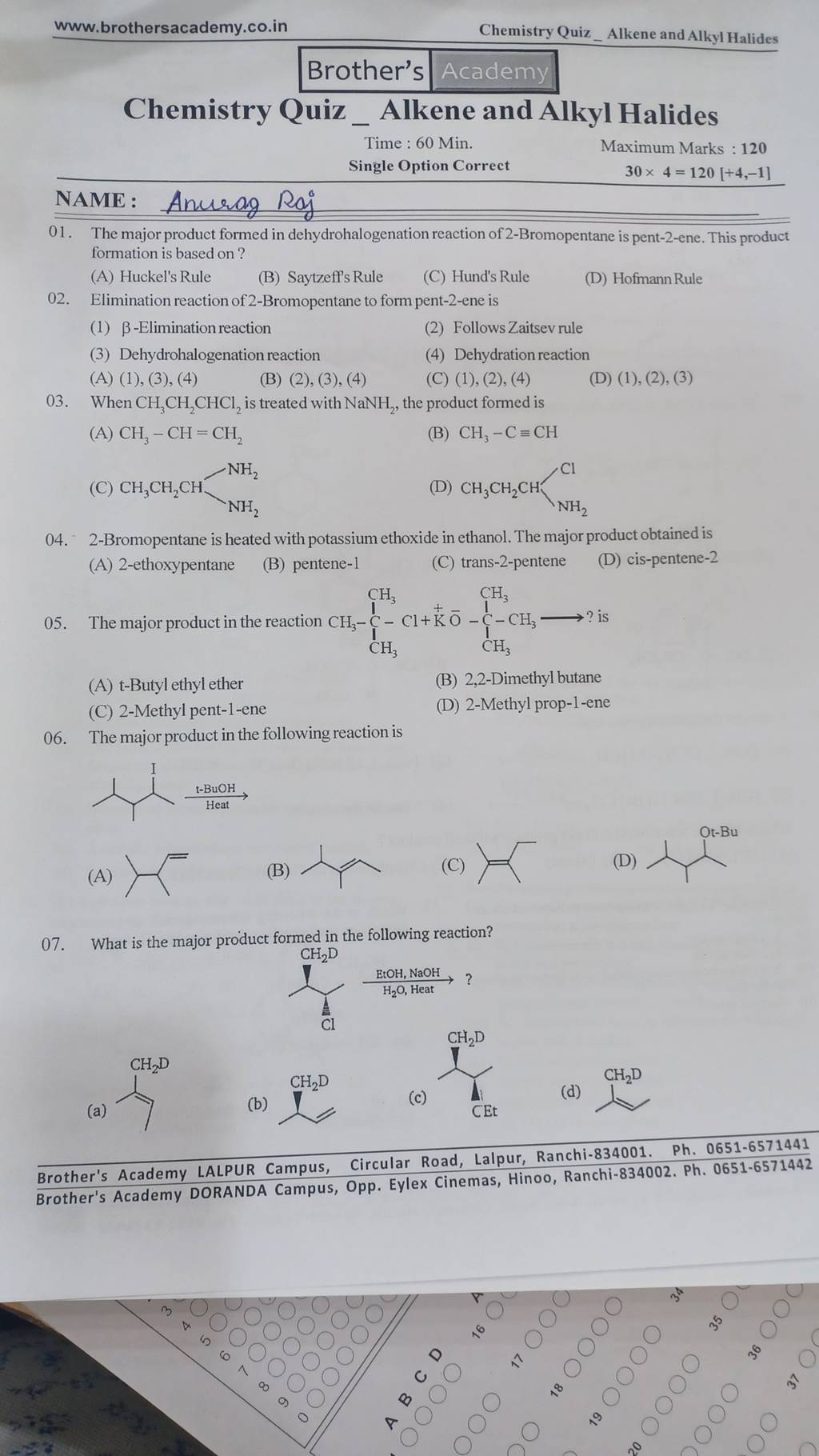 www.brothersacademy.co.in Chemistry Quiz_ Alkene and Alkyl Halides Brothe..