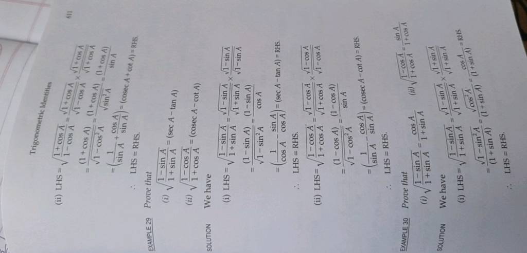 Trigonometric Identities 611 1+cos A √1+cos A (ii) LHS = √1-cos A 1+cos A..