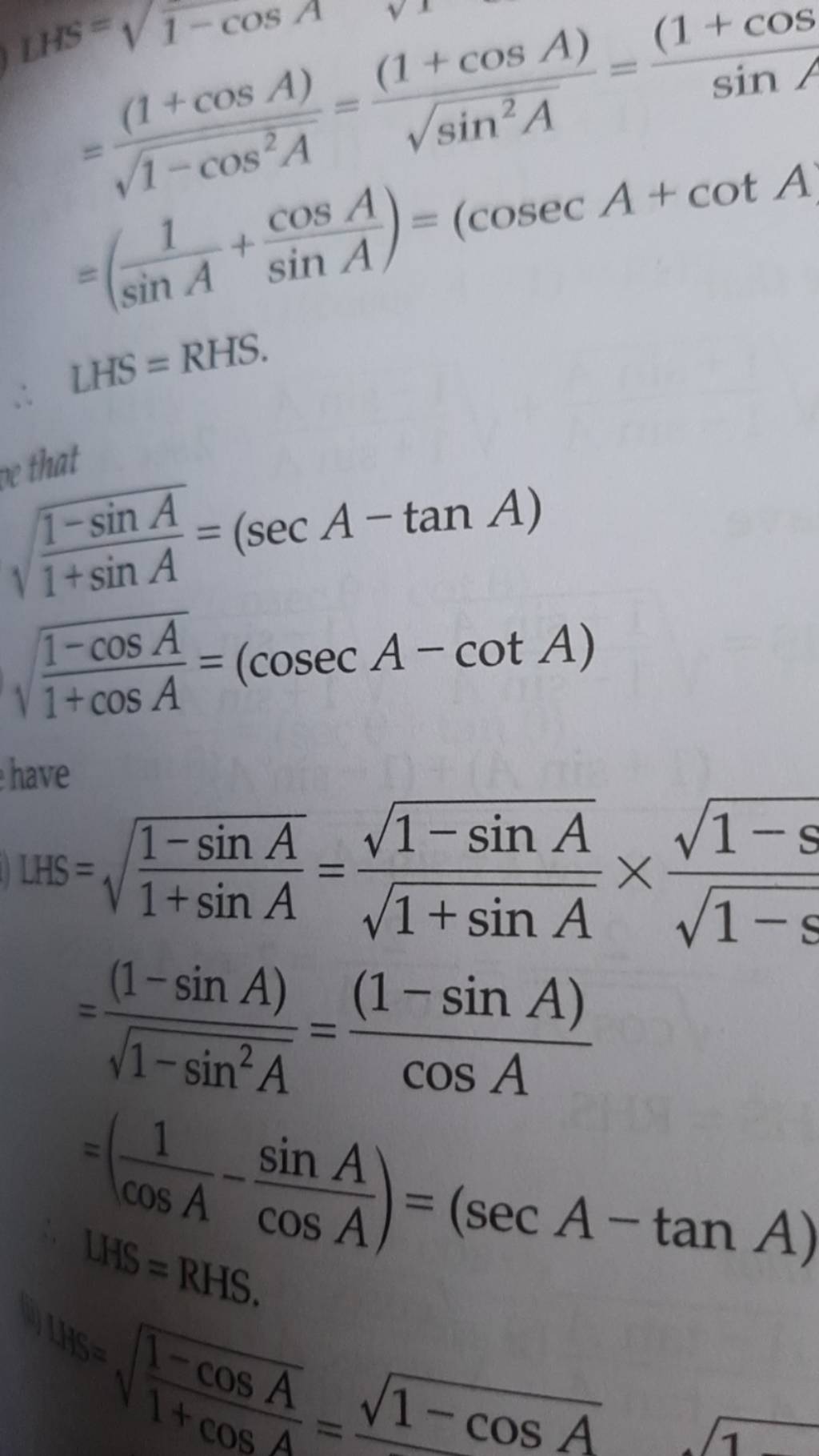 LHS V1-cos A (1+ cos A) (1 + cos A) √sin2 A (1 + cos sin A √1-cos2A (sin