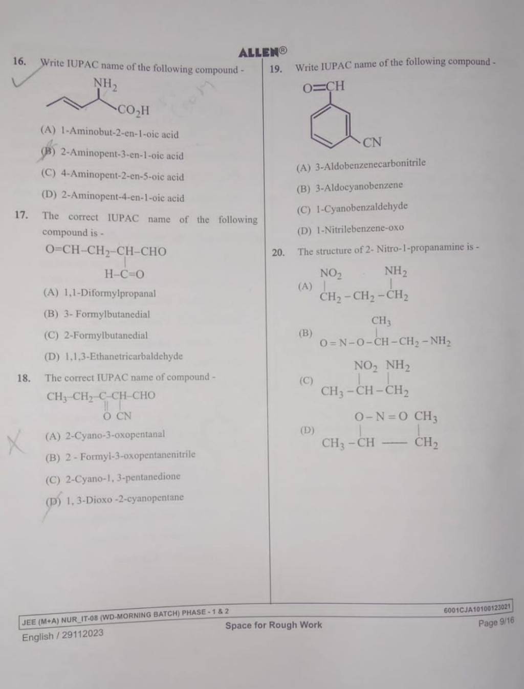 ALLENⓇ Write IUPAC name of the following compound- NH₂ CO₂H (A) 1-Aminobu..