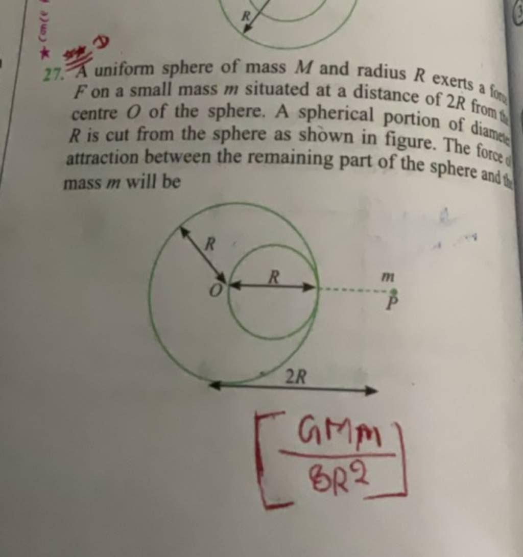 Concea A uniform sphere of mass M and radius R exerts a for F on a small