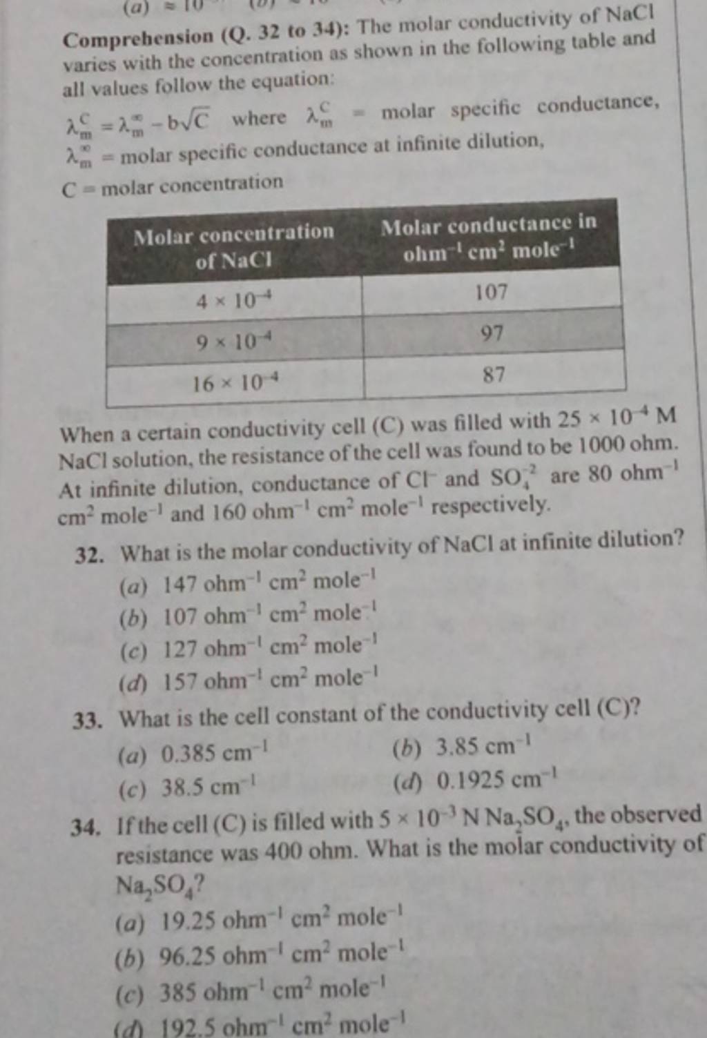 (a) Comprehension (Q. 32 to 34): The molar conductivity of NaCl varies wi..