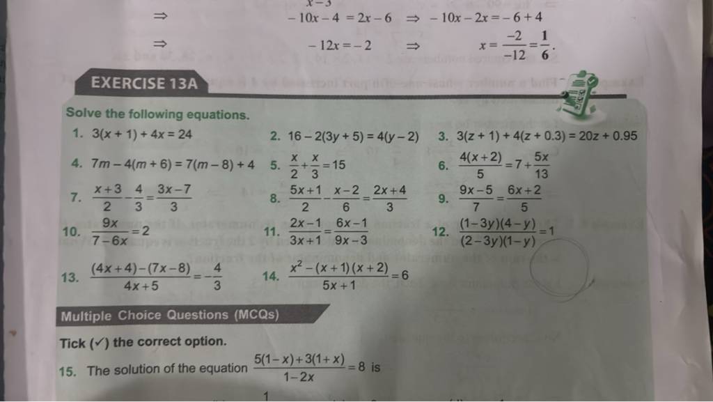 10x-4=2x-6 -10x-2x=-6+4 -21 -12x=-2 => x= =- -12 6 EXERCISE 13A So..
