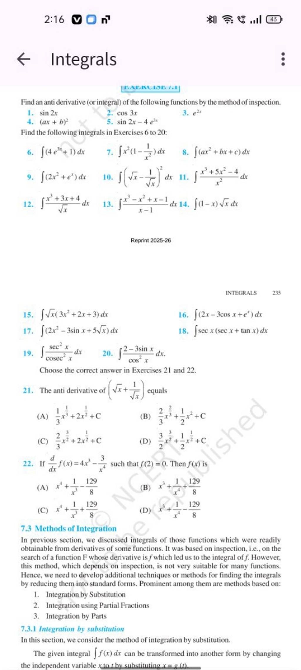 ← 2:16 n' Integrals 43 EAERUISE 1.1 Find an anti derivative (or integral)..