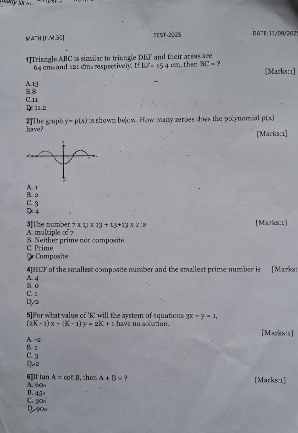 arly till hi- MATH F.M.50] TEST-2025 1]Triangle ABC is similar to triangl..