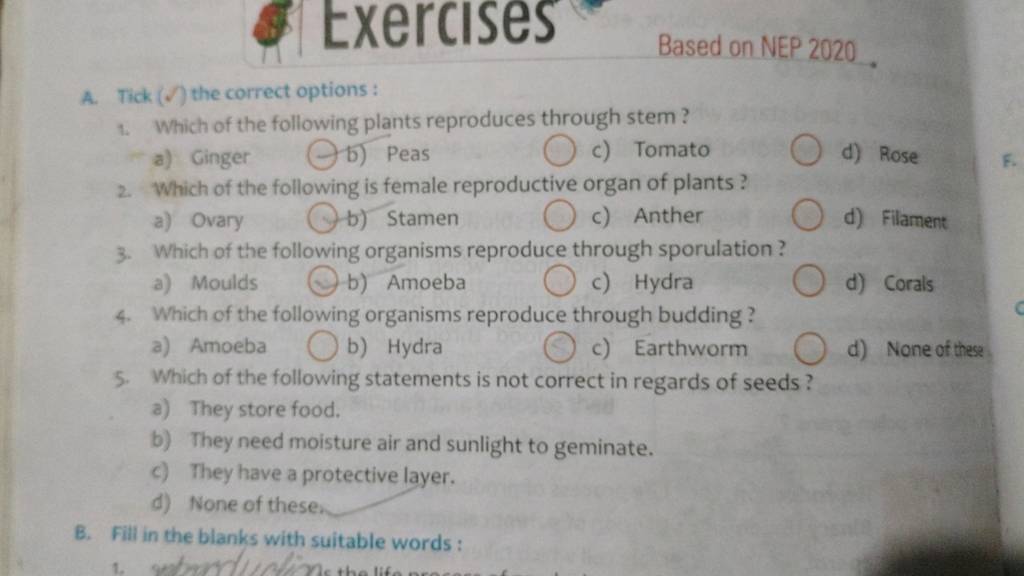 Exercises A. Tick () the correct options: Based on NEP 2020. Which of the..