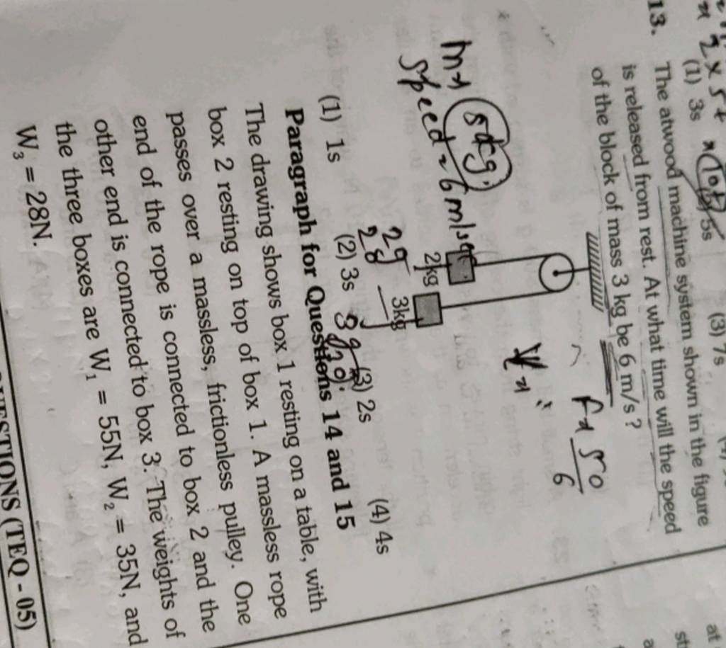 2x. (1) 3s s (3) 7s The atwood machine system shown in the figure is rele..
