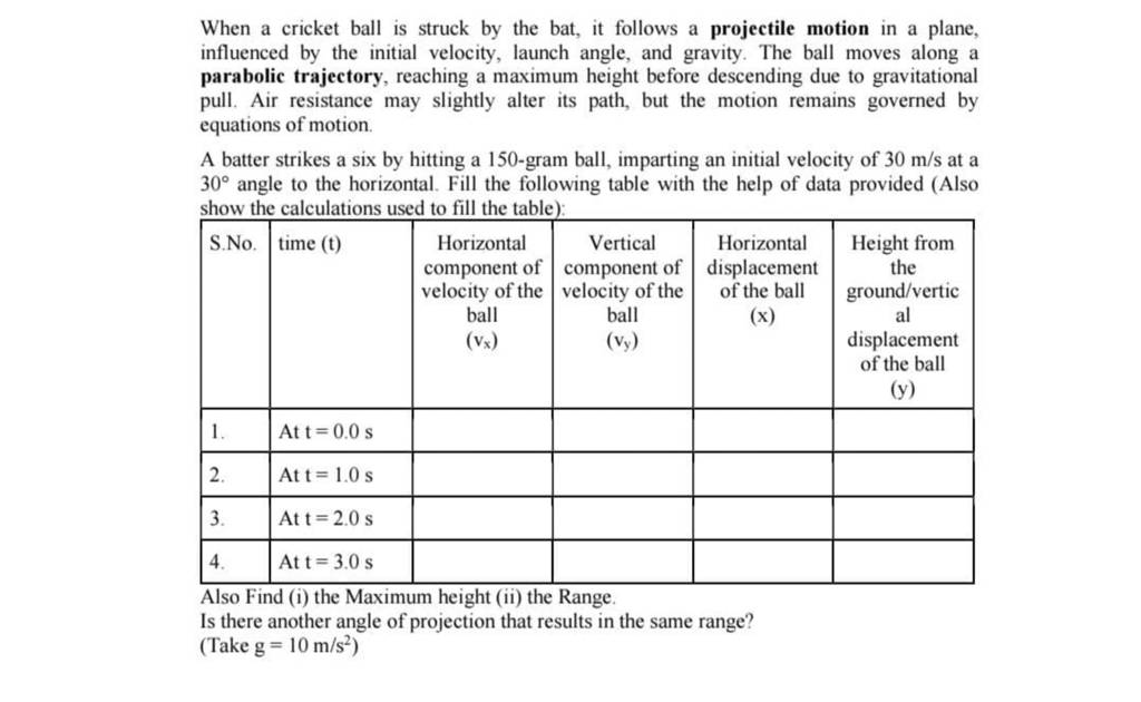 When a cricket ball is struck by the bat, it follows a projectile motion