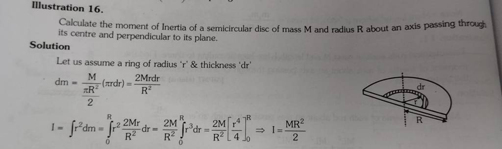 Illustration 16. Calculate the moment of Inertia of a semicircular disc o..