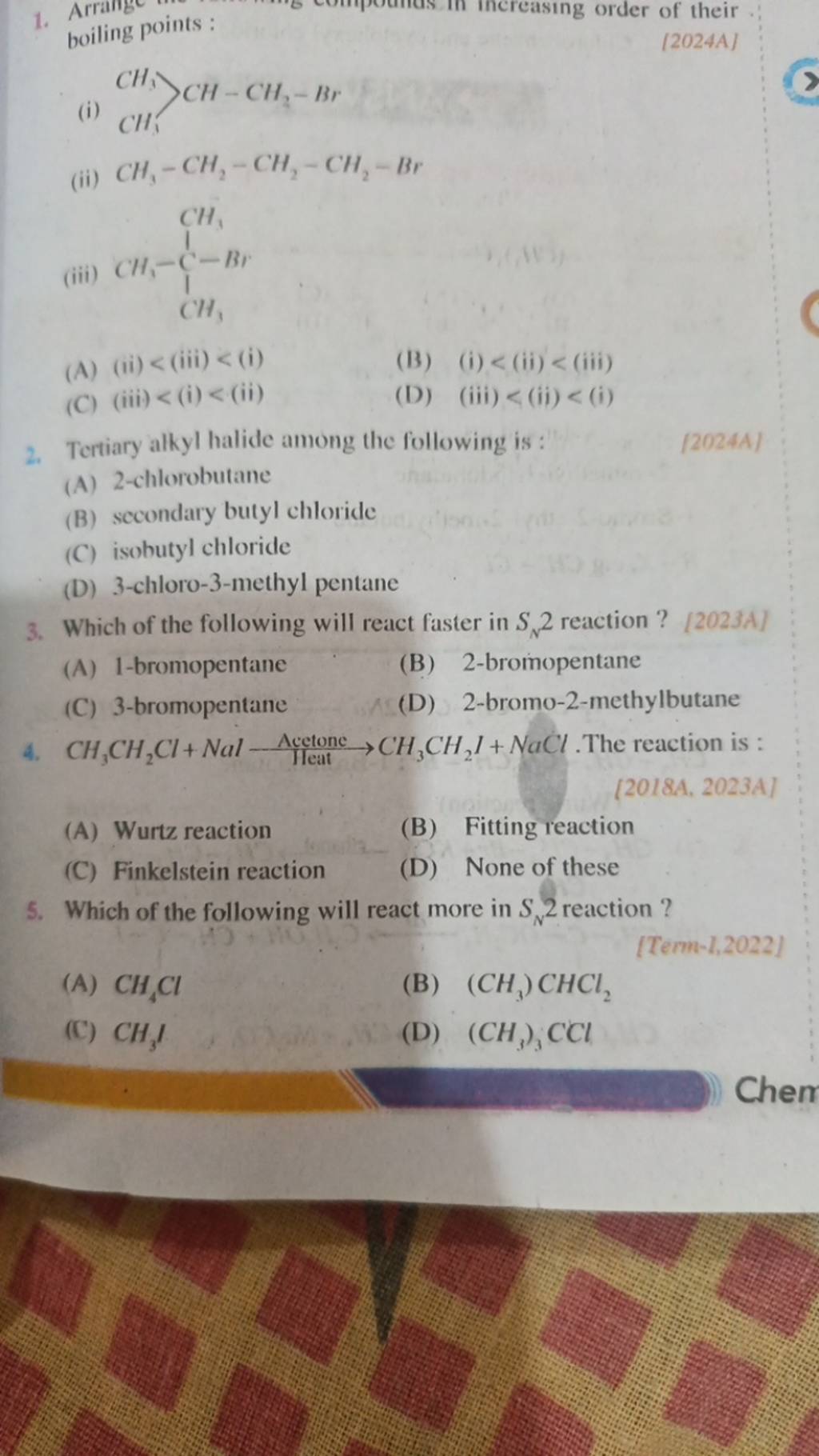 boiling points : (i) CHCH CH-CH-Br CH (ii) CH,-CH-CH-CH-Br CH (iii) CH,-C..