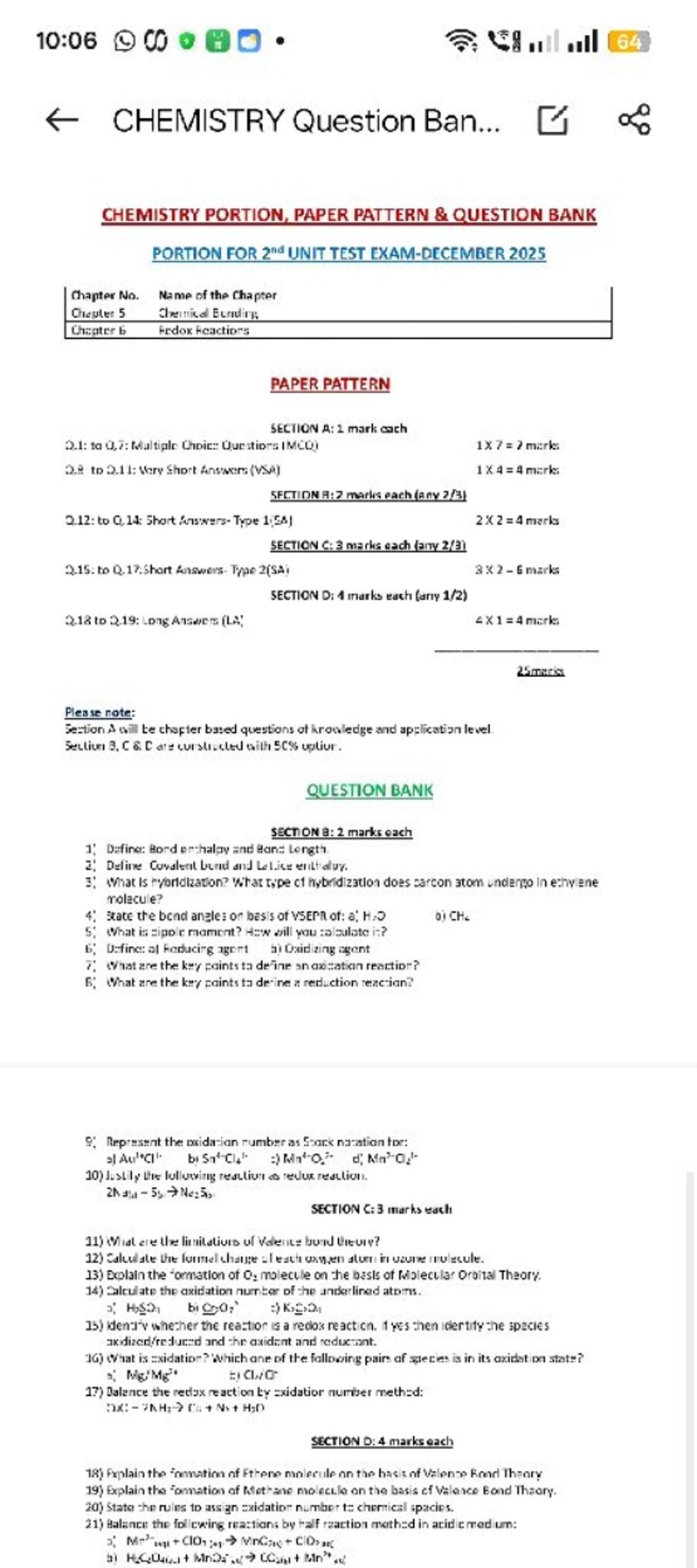 10:06 00 ← CHEMISTRY Question Ban... ☑ CHEMISTRY PORTION, PAPER PATTERN