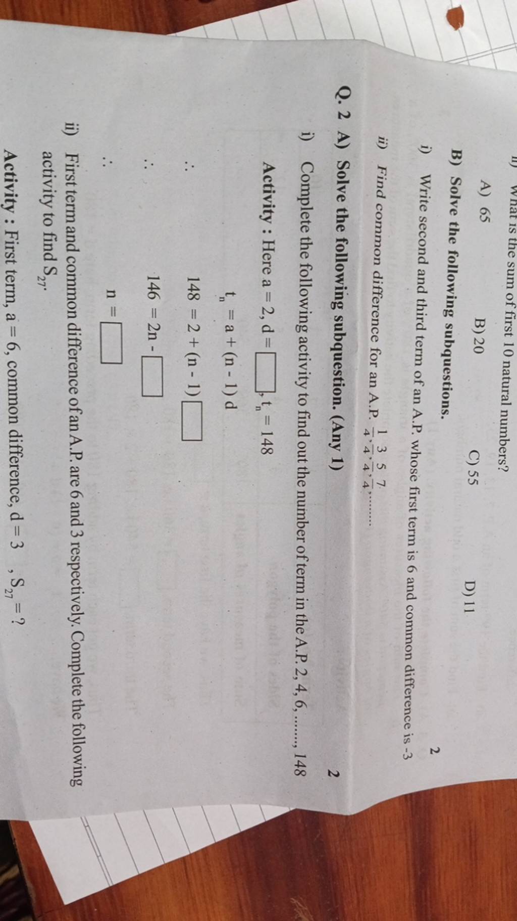 A) 65 is the sum of first 10 natural numbers? B) 20 C) 55 D) 11 B) Solve