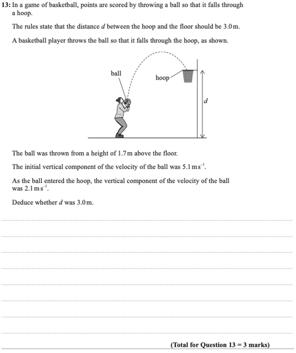 13: In a game of basketball, points are scored by throwing a ball so that..