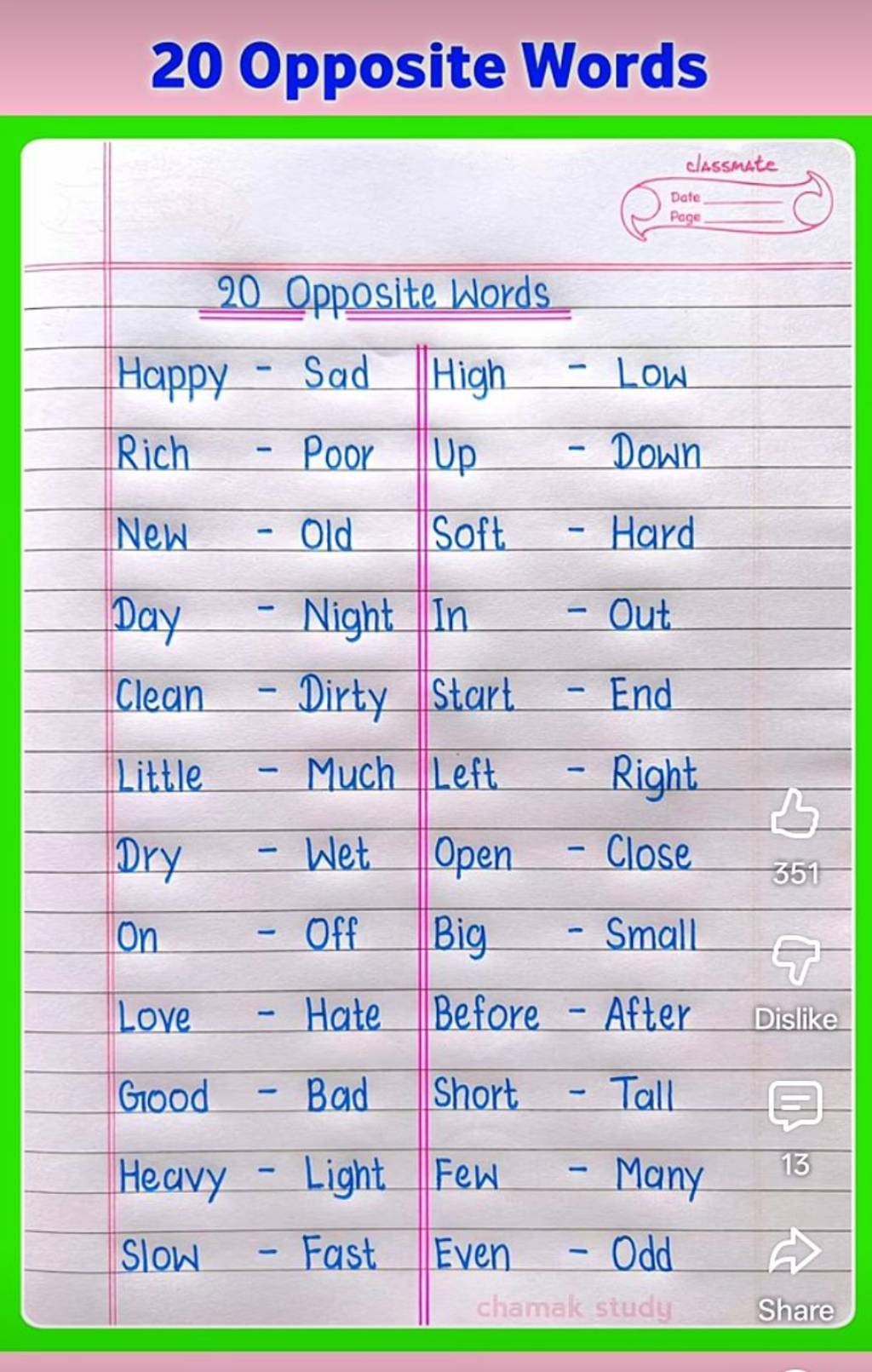 20 Opposite Words classmate Date Page 20 Opposite Words Happy Sad High Lo..