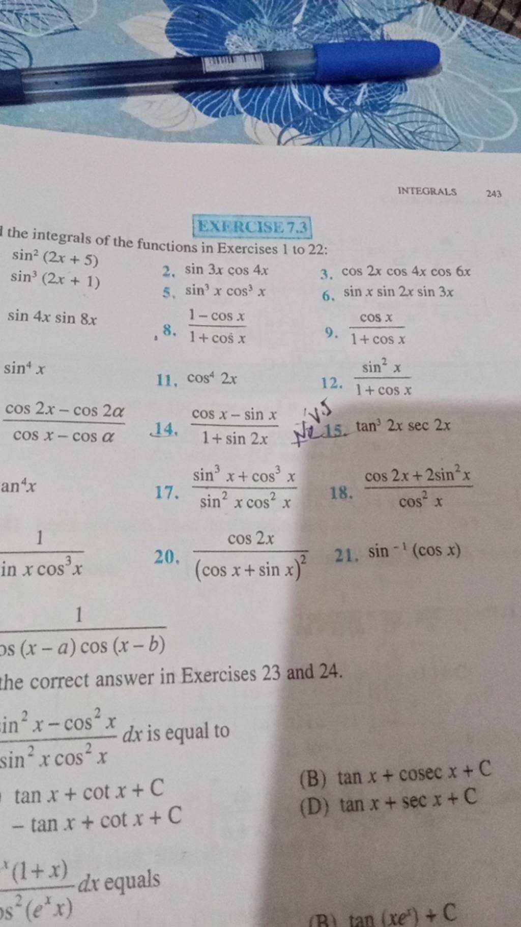 EXERCISE 7.3 the integrals of the functions in Exercises 1 to 22: INTEGRA..