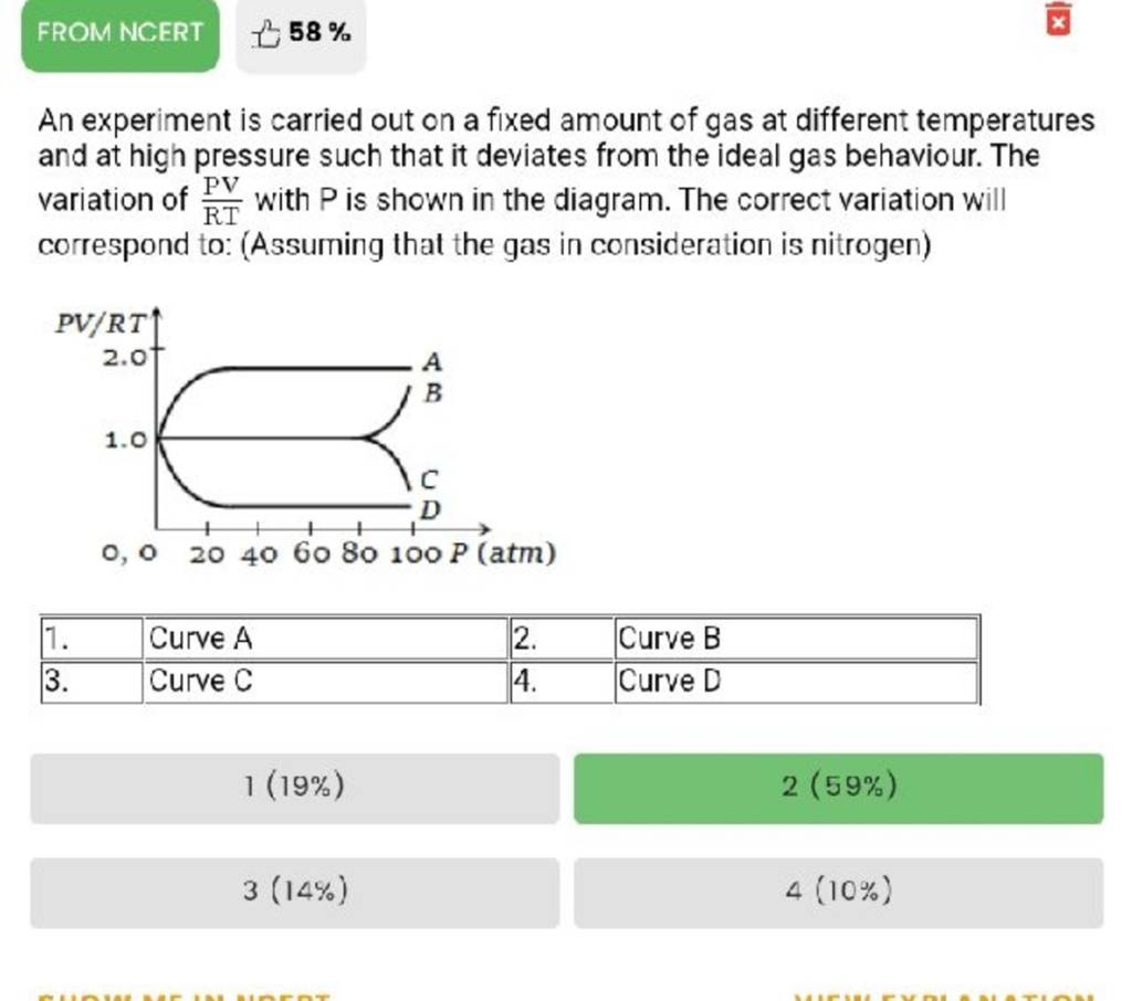 FROM NCERT 58% An experiment is carried out on a fixed amount of gas at d..