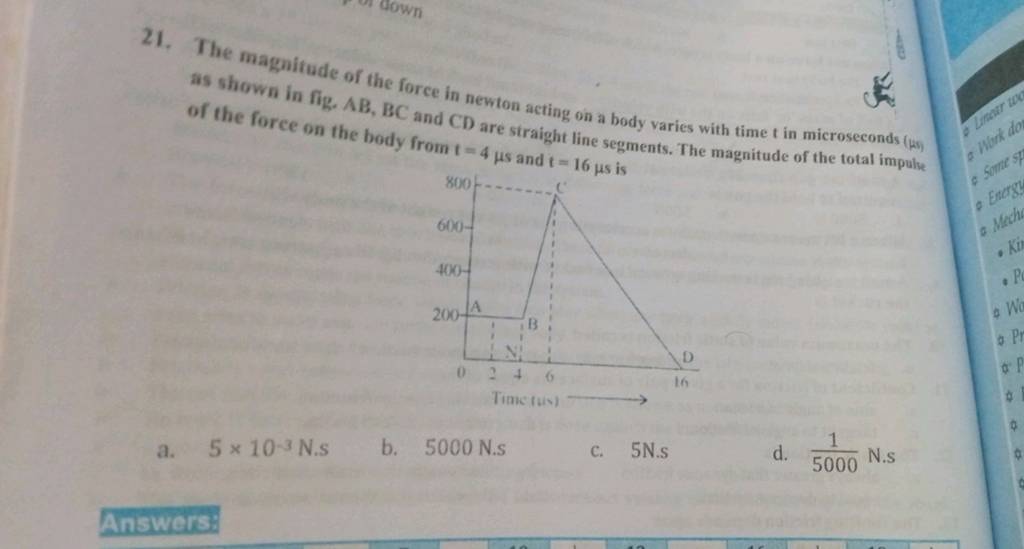 down The magnitude of the force in newton acting on a body varies with ti..