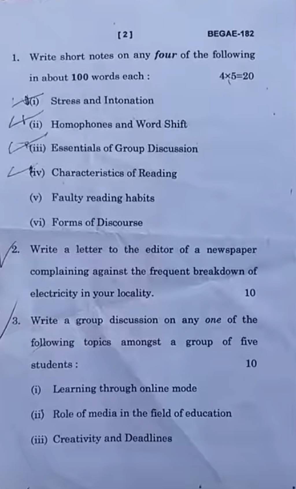 [2] BEGAE-182 Write short notes on any four of the following in about 100..