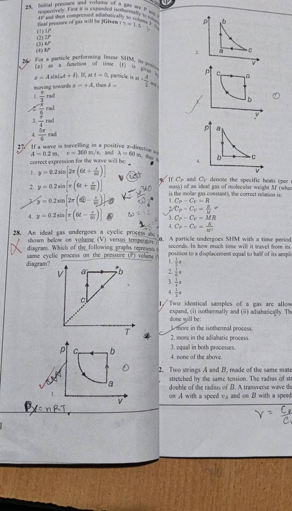 ] Initial pressure and volume of a gas are P and 4V and then compressed a..
