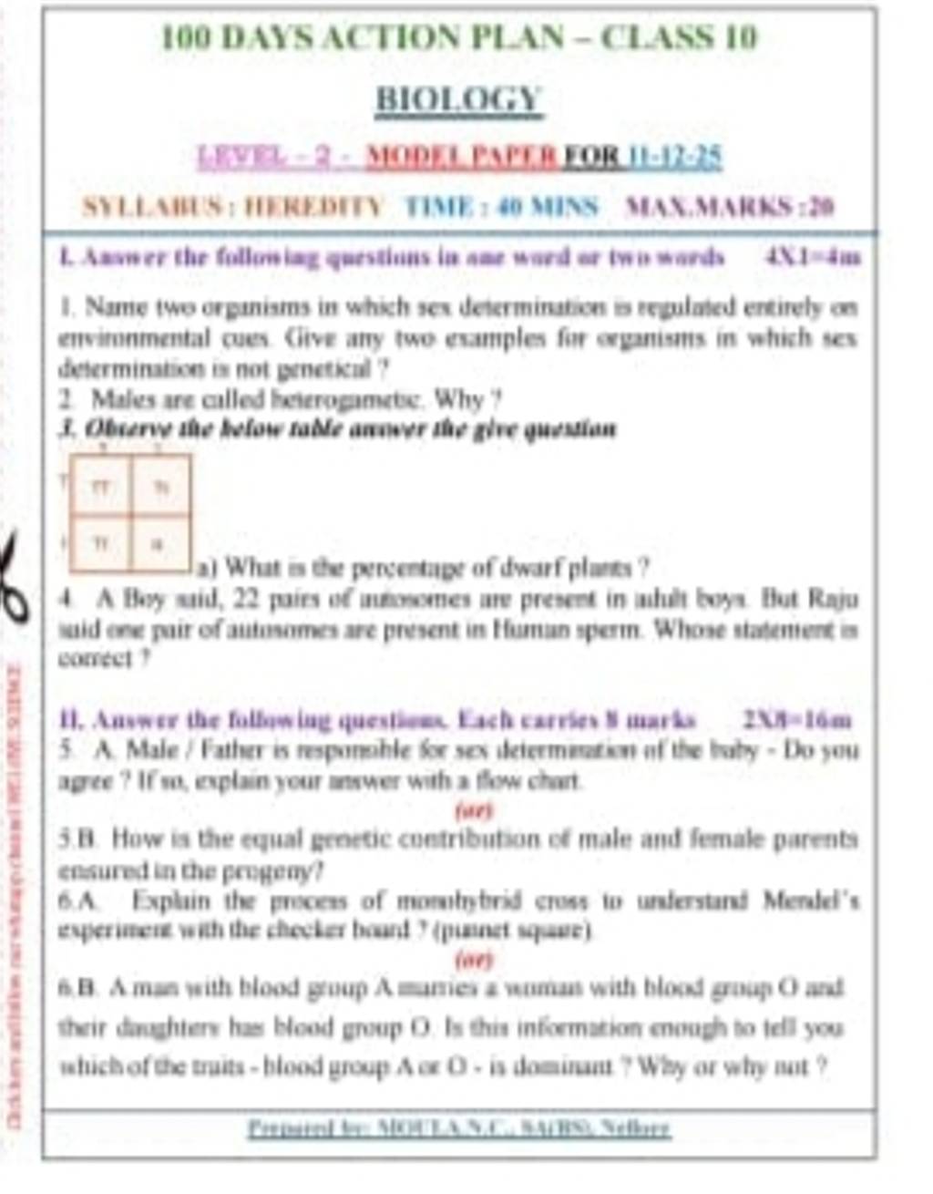 100 DAYS ACTION PLAN-CLASS 10 BIOLOGY LEVEL 2 MODEL PAPER FOR 11-17-25 SY..